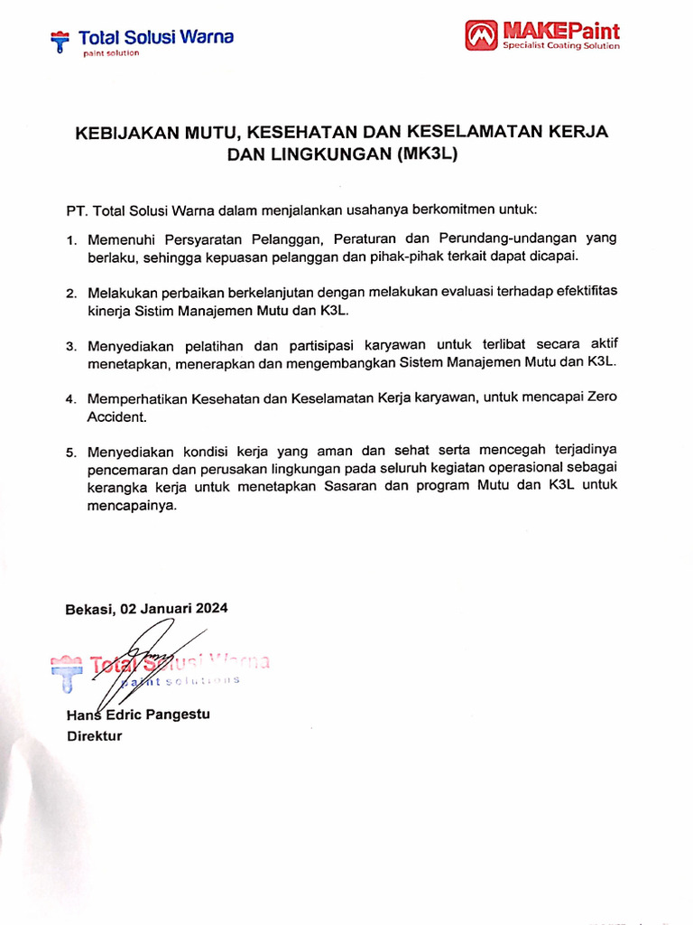 Kebijakan K3 Pt. TSW | PDF