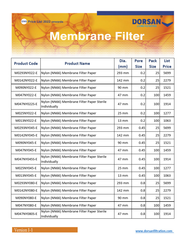 Dorsan Disc Membrane FIlter Price List - 2022-23 | PDF | Membrane ...