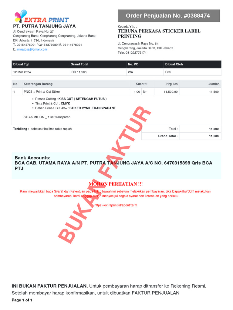 Teruna Perkasa Sticker Label Printing So 388474 Pt. Putra Tanjung Jaya ...
