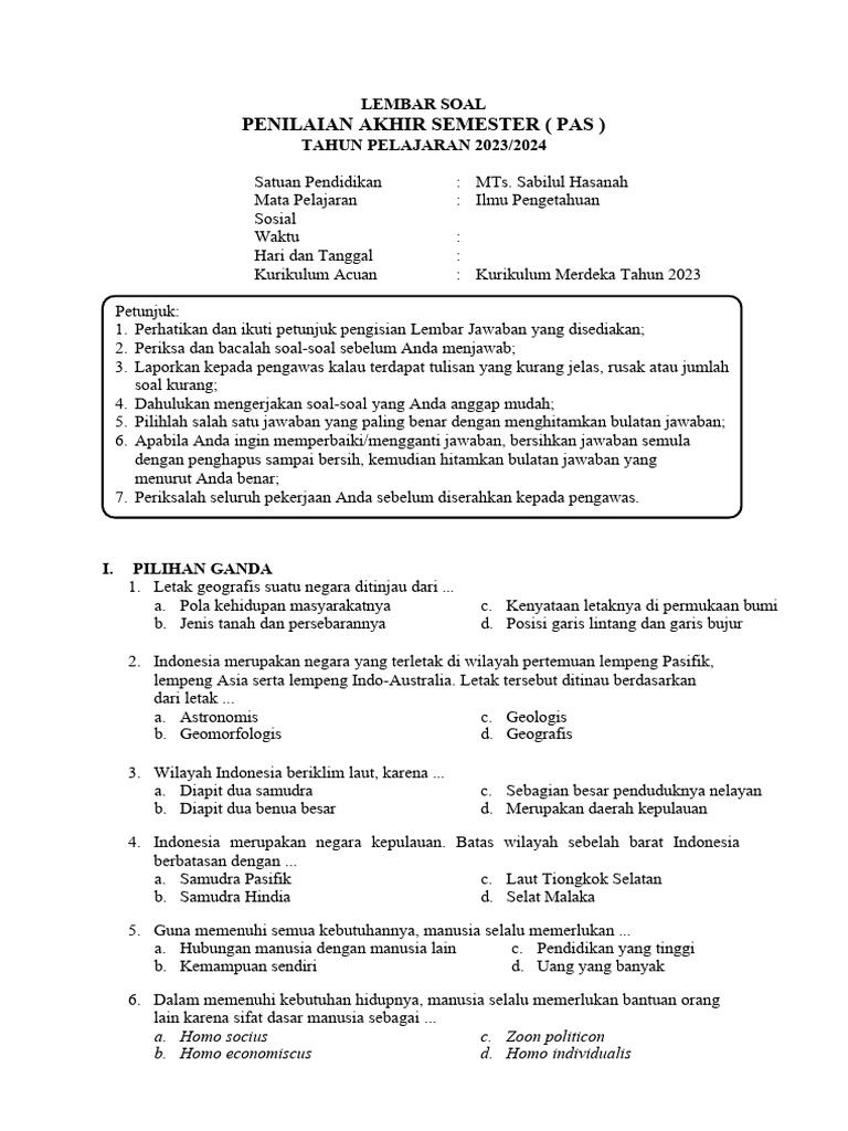 Soal Pas Ips Kelas 7 K Merdeka-1 | PDF