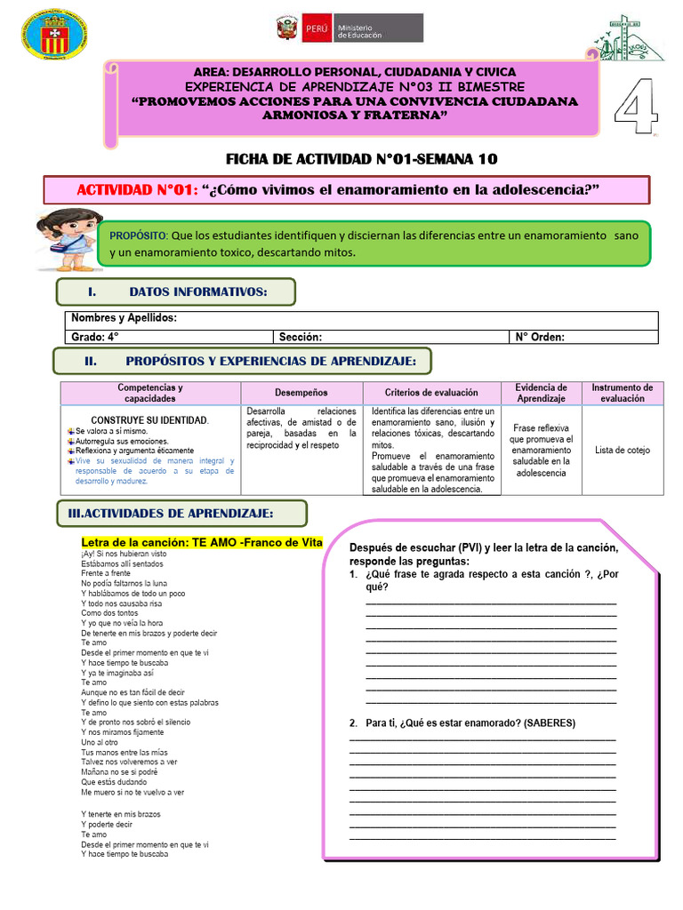 Semana 10-4° Ficha de Aprendizaje 1 - Dpcc4°-Ii Bimes-3eda-Im 2024 | PDF | Amor | Sicología