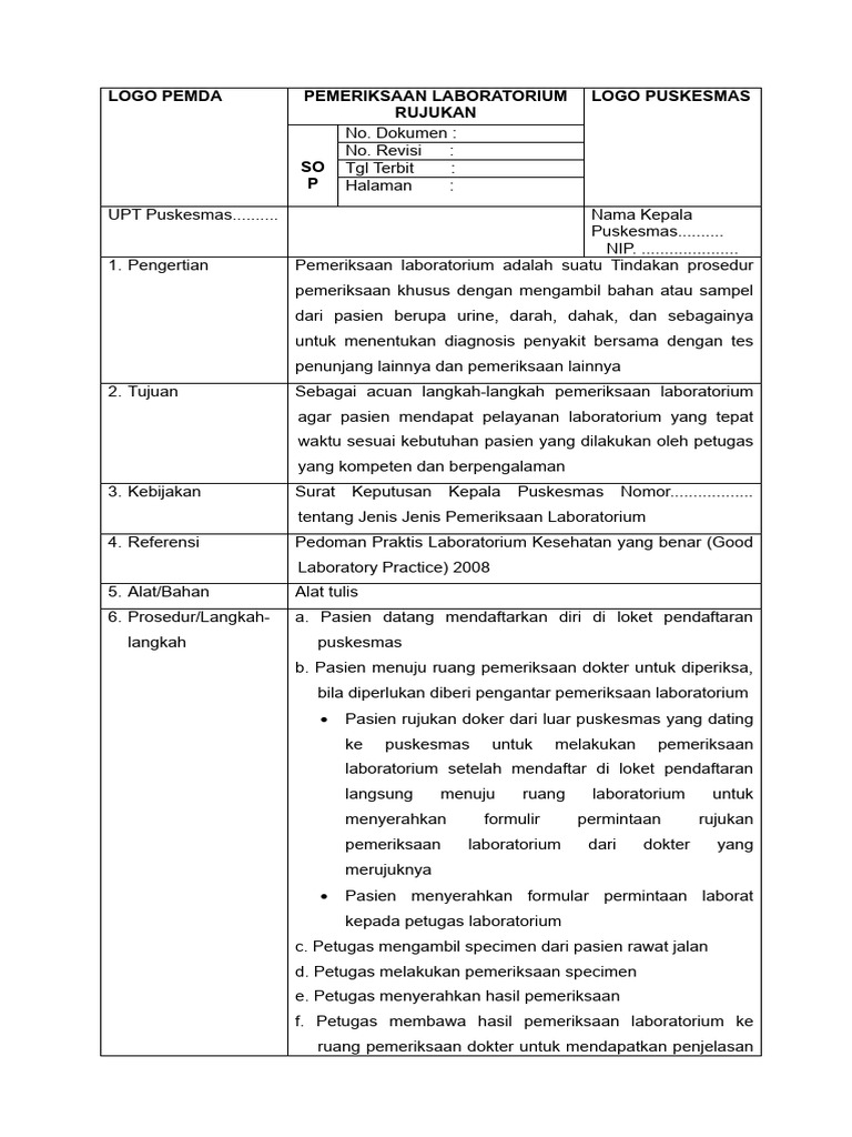 SOP Pemeriksaan Laboratorium Rujukan | PDF