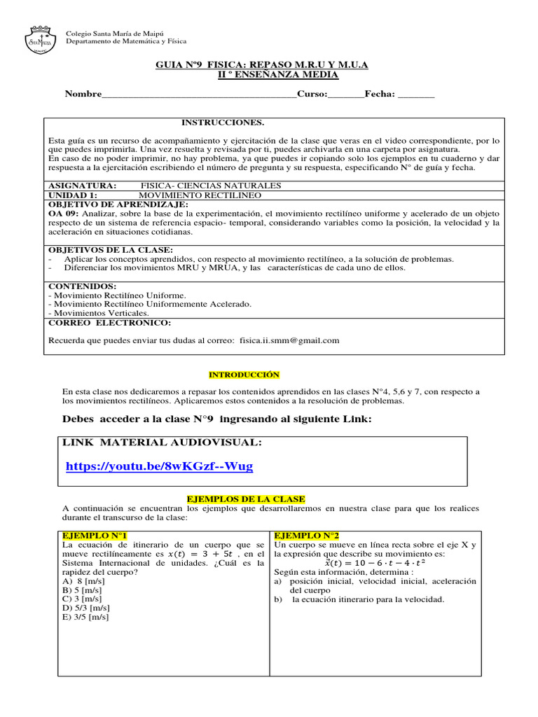 FISICA GuiaN°9 II°EM Repaso MRU MRUA | PDF | Velocidad | Aceleración