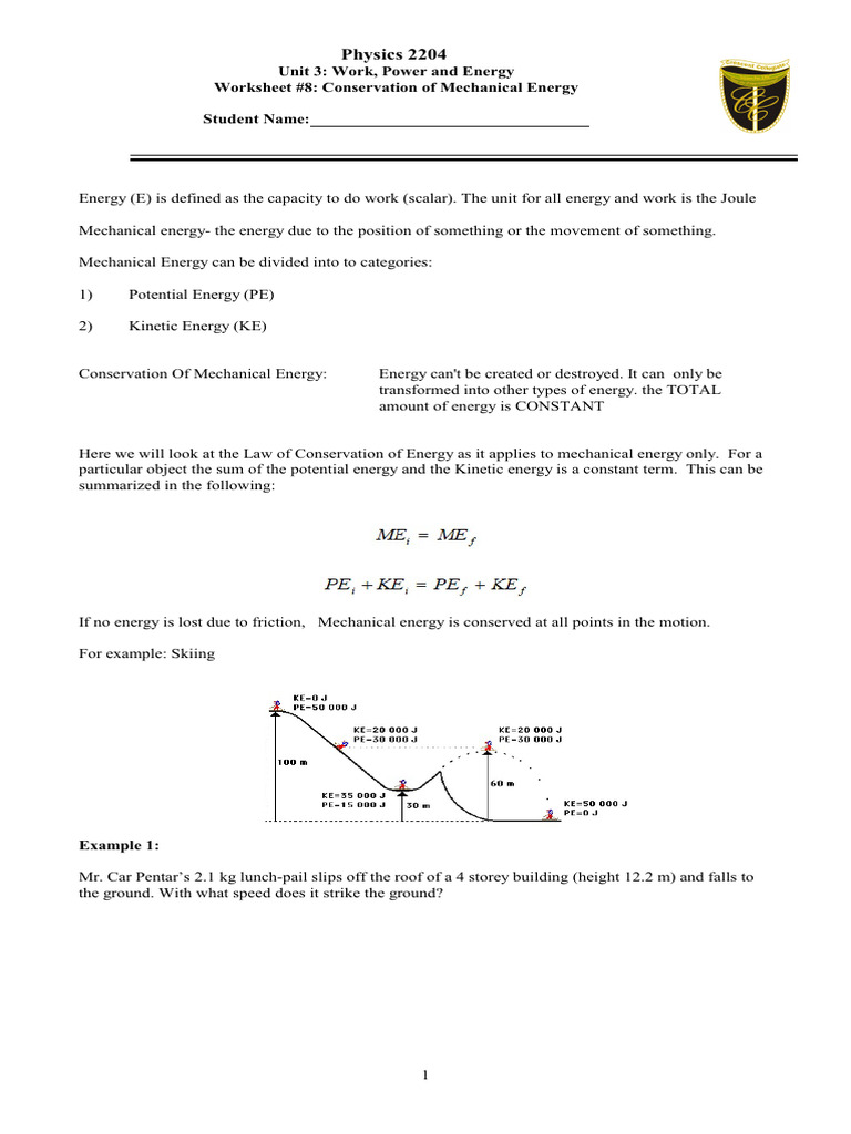 Physics 2204 Worksheet 8 Conservation of Mechanical Energy 2018 | PDF ...