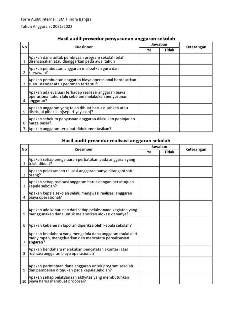 kuesioner audit keuangan internal smk indra bangsa | PDF