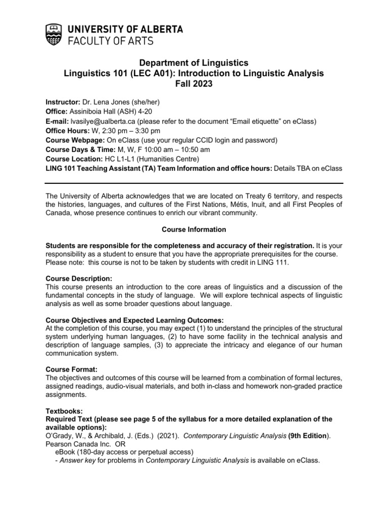 2023 Fall Ling 101 Lecture A01 University Of Alberta Pdf Academic