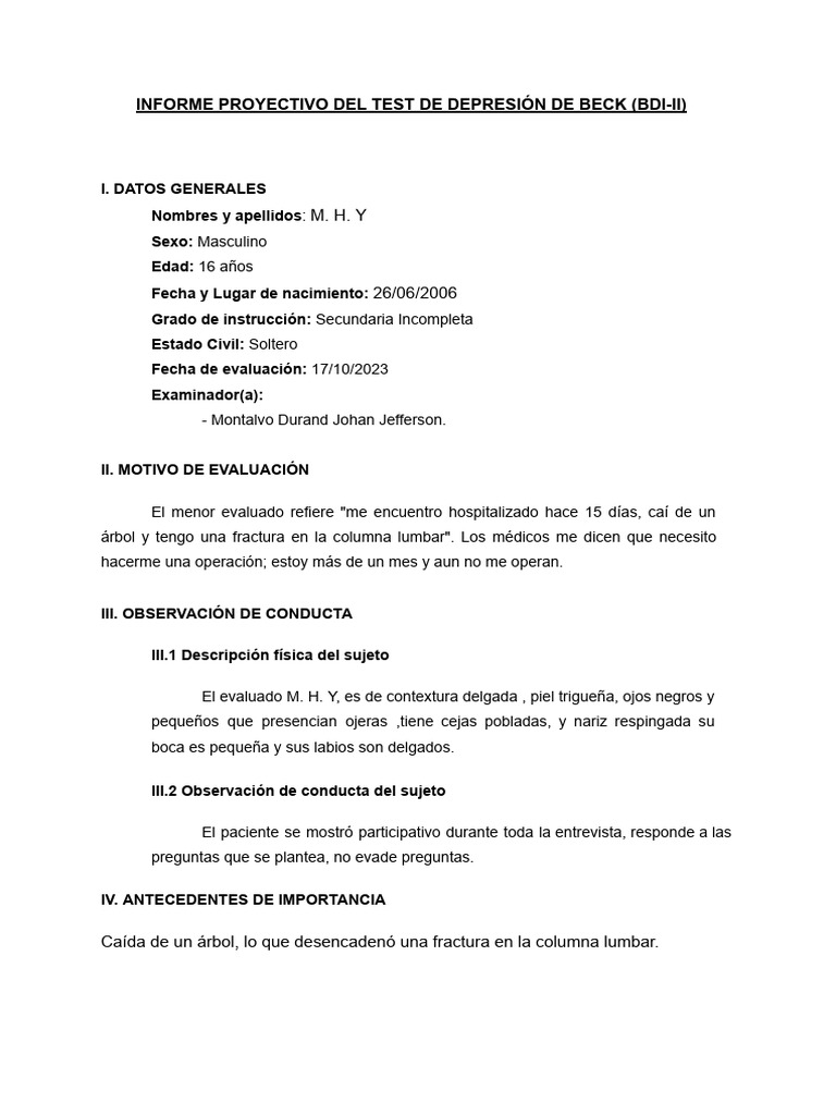 INFORME PROYECTIVO DEL TEST DE DEPRESIÓN DE BECK (BDI-II) | PDF ...