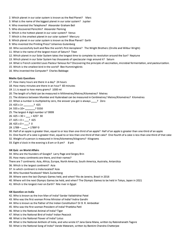 Science Quiz | PDF | Planets | Solar System