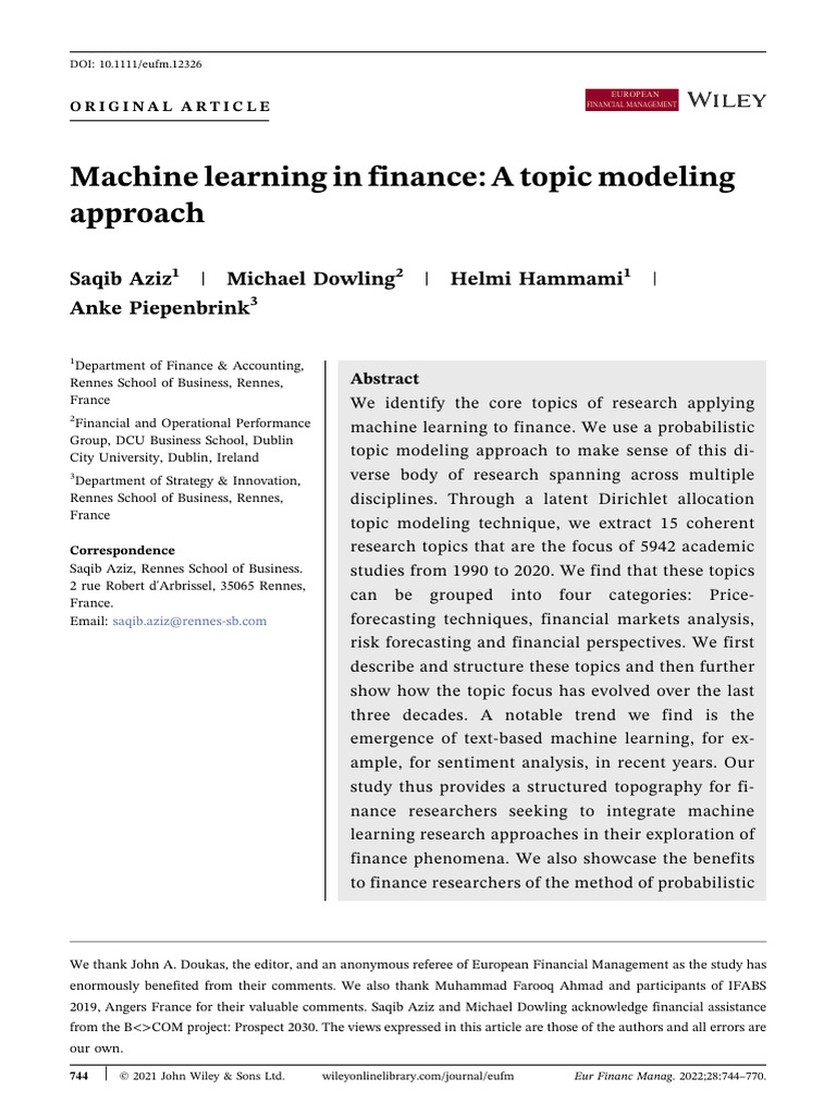 Euro Fin Management - 2021 - Aziz - Machine Learning in Finance A Topic ...