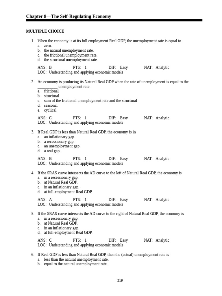 Chapter 8-The Self-Regulating Economy: Multiple Choice | PDF | Full ...