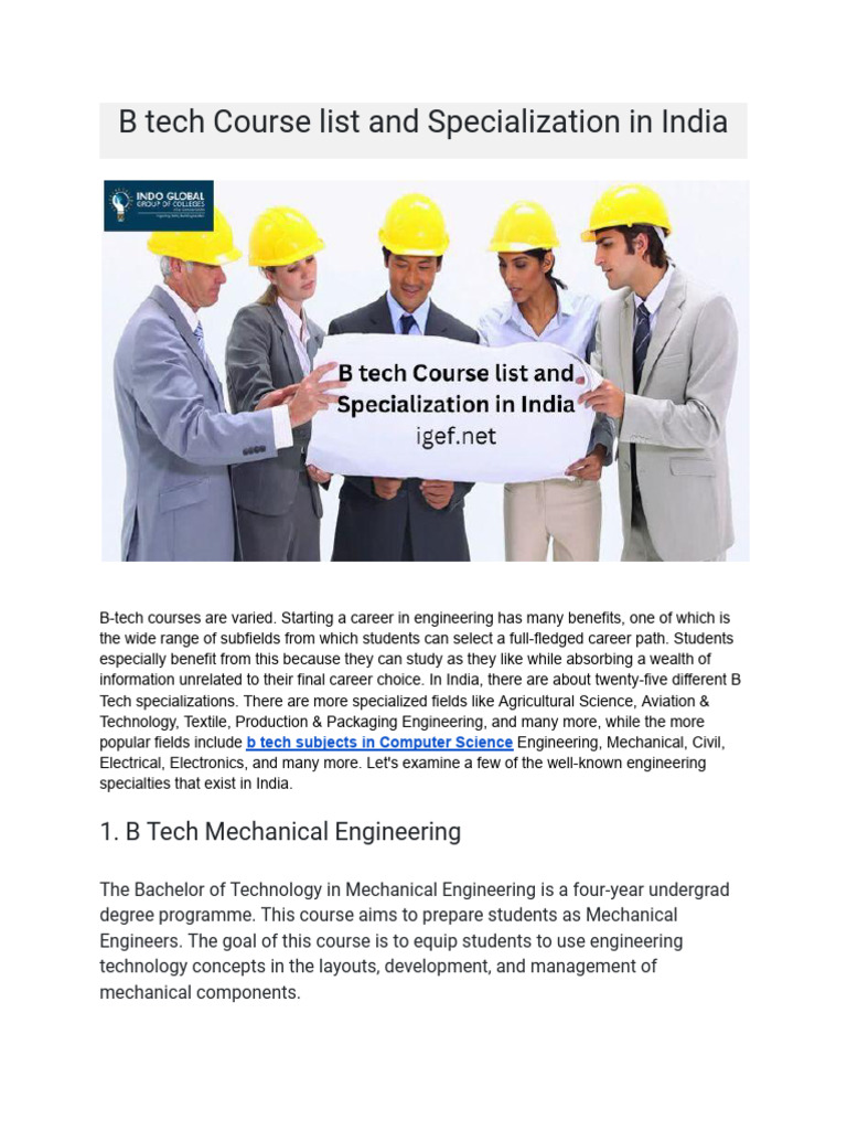 B Tech Course List and Specialization in India 2024 | PDF | Engineering ...