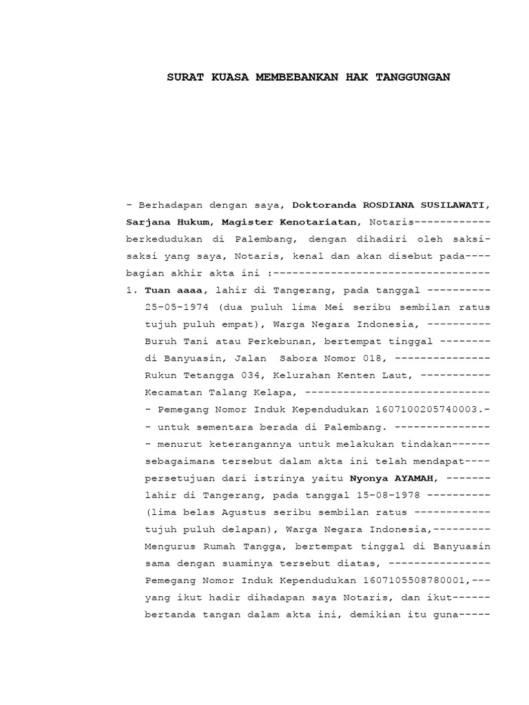 (CONTOH) Draf AKTA SURAT KUASA MEMBEBANKAN HAK TANGGUNGAN | PDF