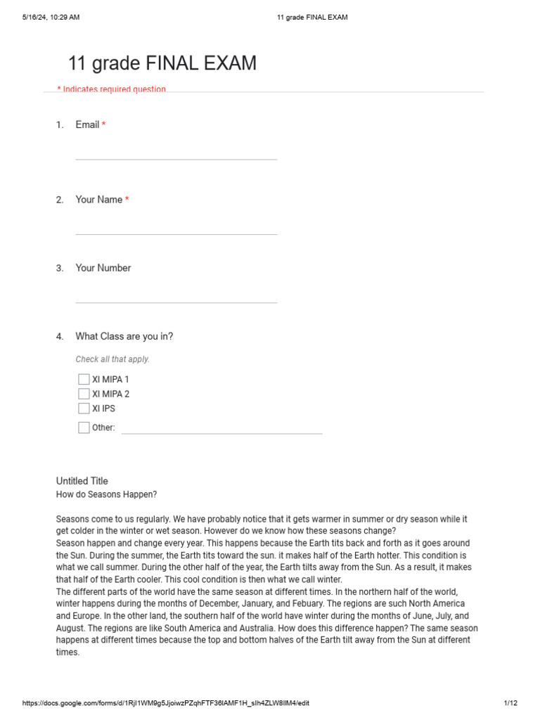 11th grade final exam May 2023 - Google Forms | PDF | Water | Rain