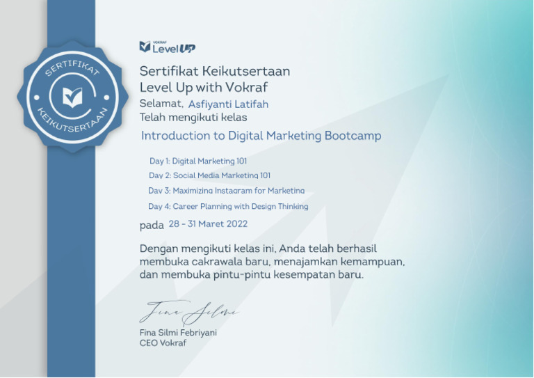 Sertifikat - Asfiyanti Latifah - Introduction To Digital Marketing Bootcamp | PDF
