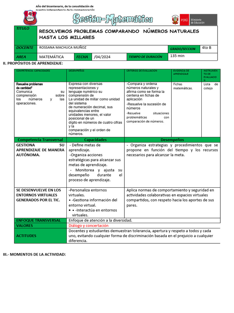 SESION DE MATEMATICA RESOLVEMOS PROBLEMAS COMPARANDO NUMEROS 16-04 | PDF | Aprendizaje | Evaluación