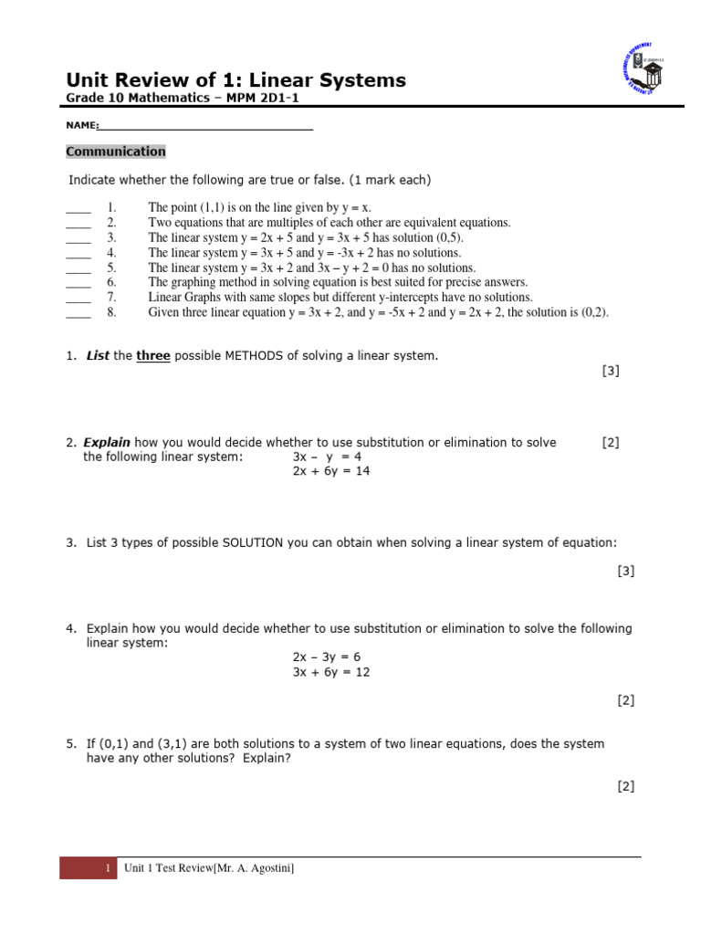 Linear Systems Test | PDF | System Of Linear Equations | Equations