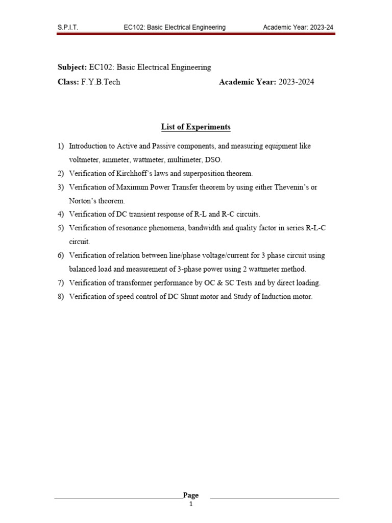 EC102 - BEE Lab Manual 2023-24 | PDF | Electric Motor | Resonance