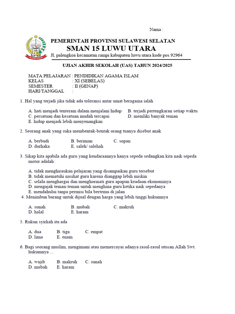 Soal Uas Pilihan Ganda Kelas Xi Semester Genap | PDF