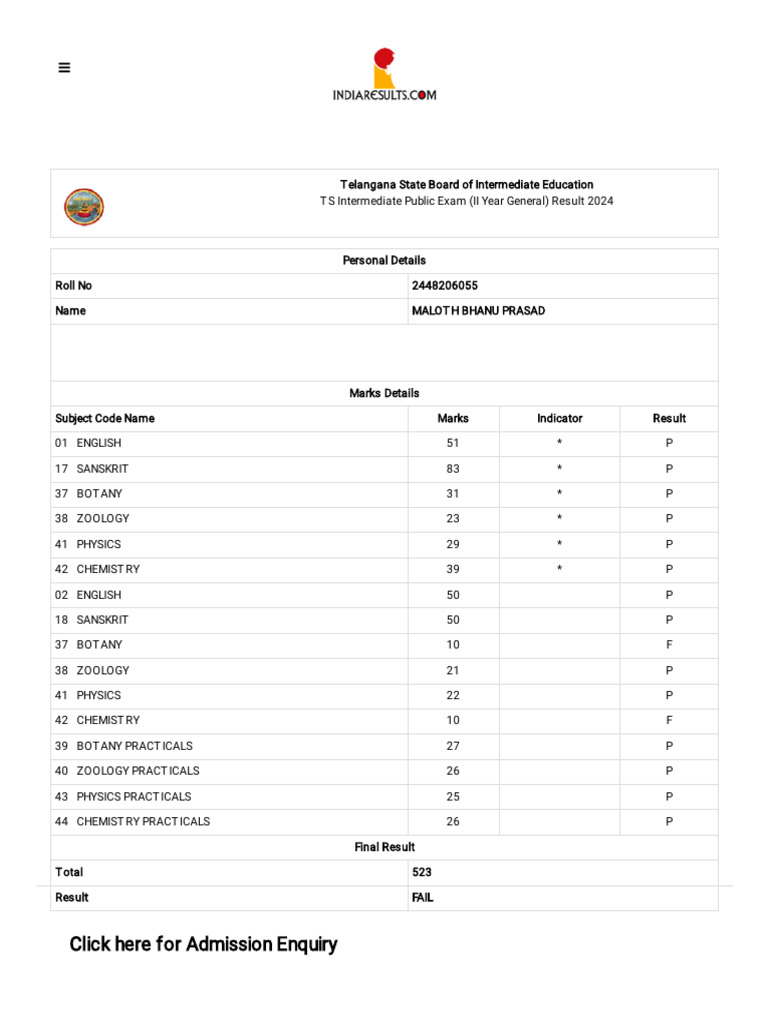 Bie-Telangana - TS Intermediate Public Exam (II Year General) Result ...