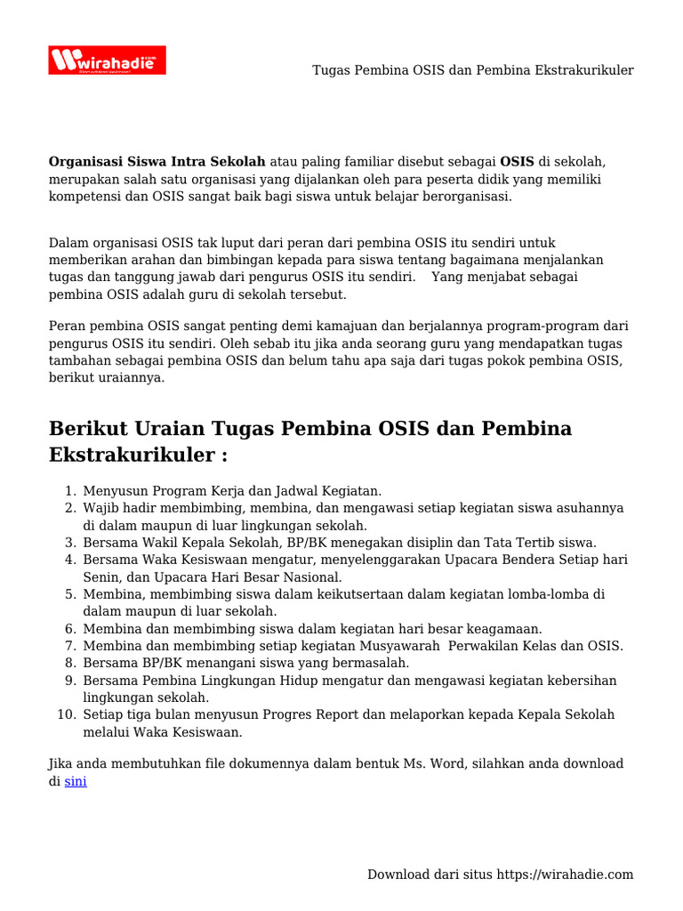 Tugas Pembina OSIS Dan Pembina Ekstrakurikuler | PDF | Karier & Perkembangan | Pengembangan Diri