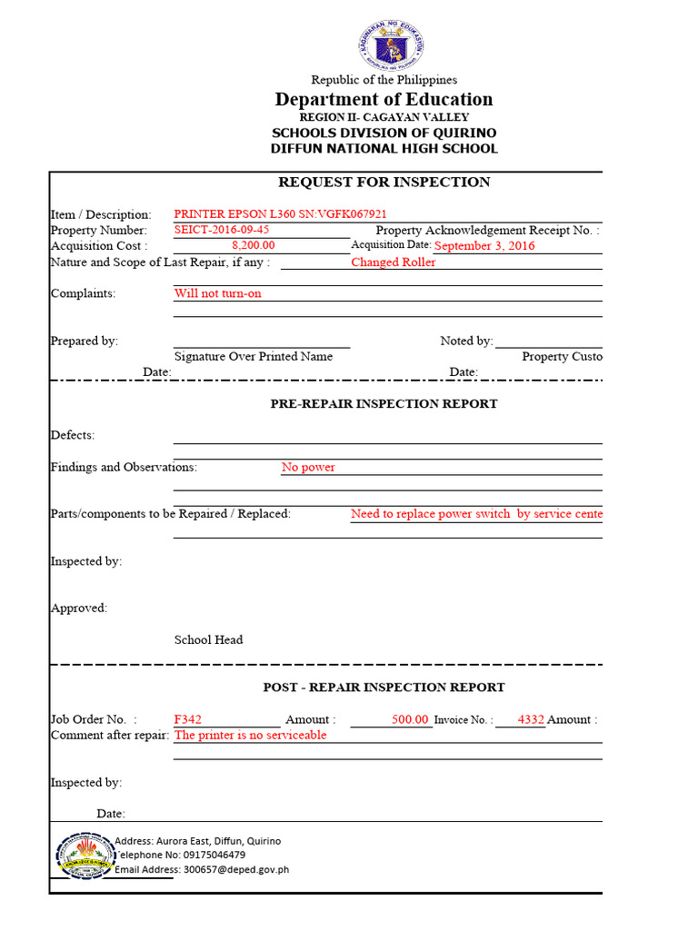Pre Repair Inspection Report | Download Free PDF | Printer (Computing ...