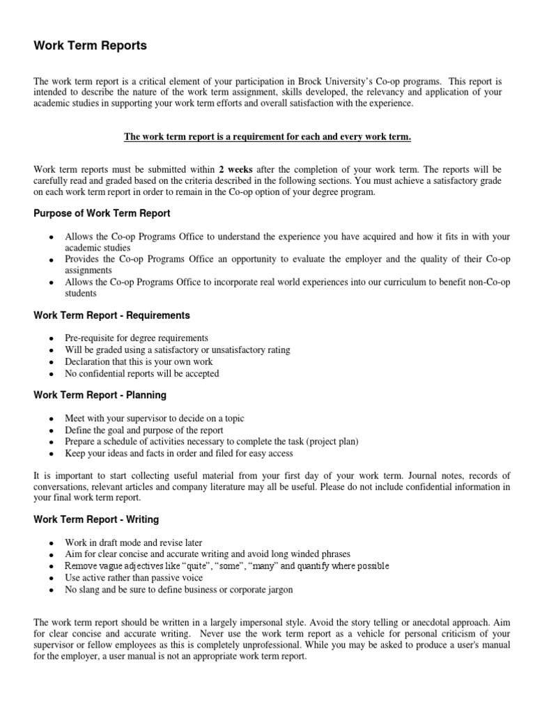 Work Term Reports: The Work Term Report Is A Requirement For Each and ...