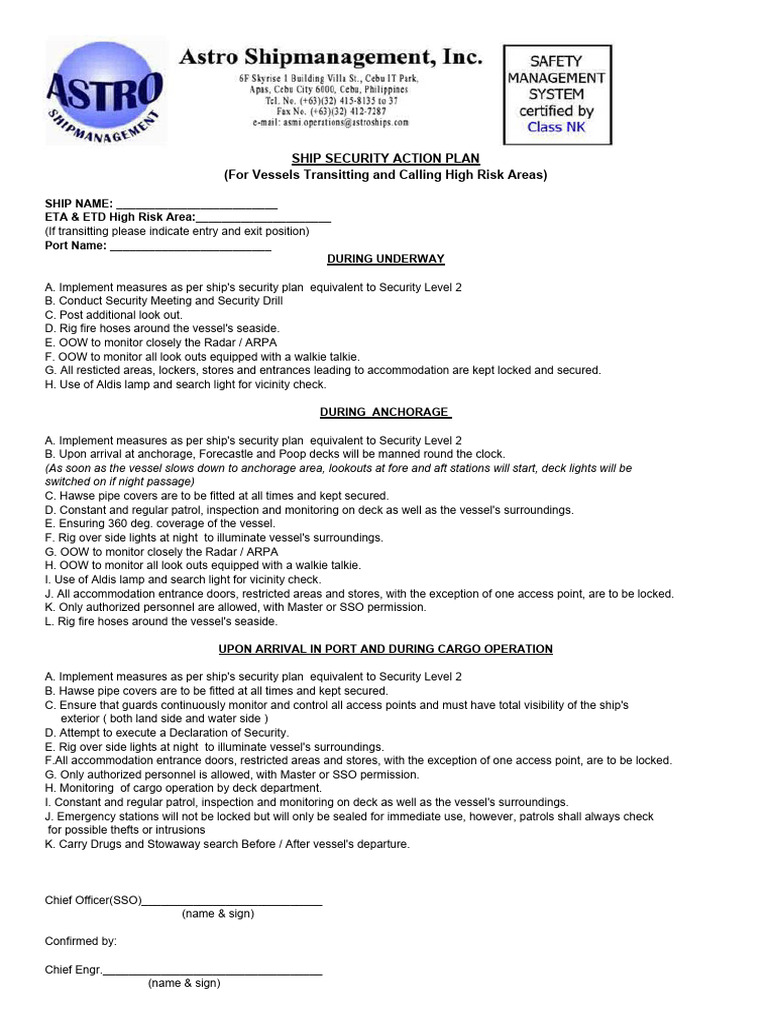 Ship Security Action Plan-High Risk Area | PDF | Shipping | Ships