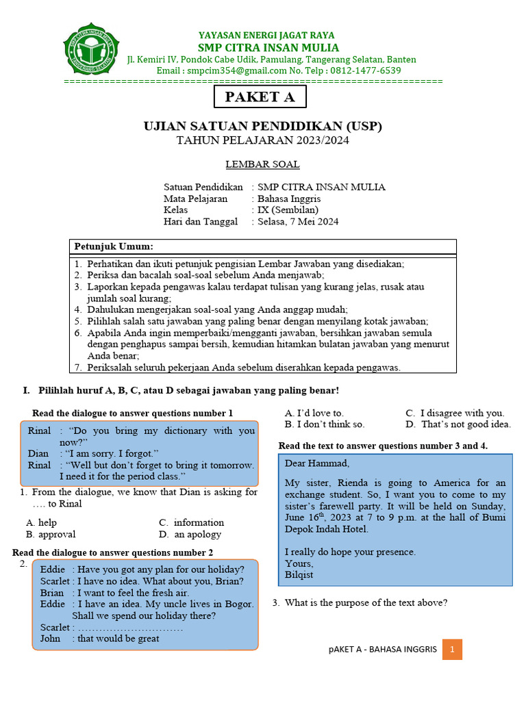 Kop To Paket A Usp BHS Inggris SMP Cim 2023-2024 | PDF | Earthquakes | Seismology