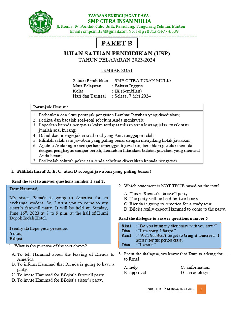 Kop To Paket B Usp Bhs Inggris SMP Cim 2023-2024 | PDF | Earthquakes