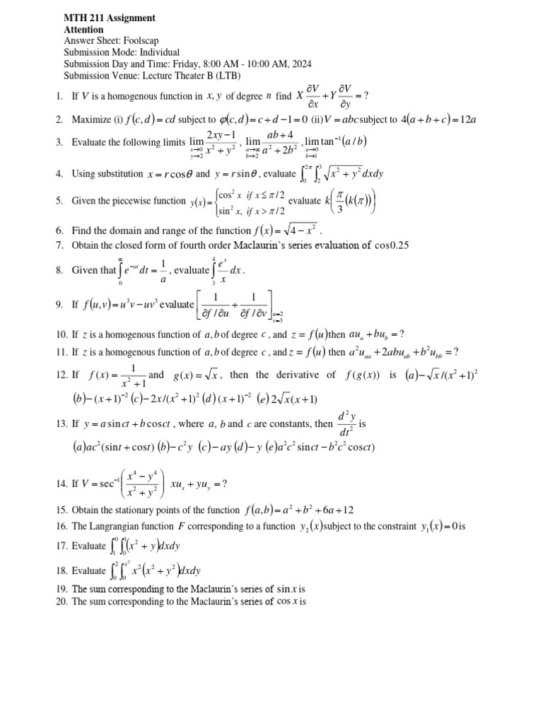 MTH 211 Assignment | PDF | Mathematical Analysis | Applied Mathematics