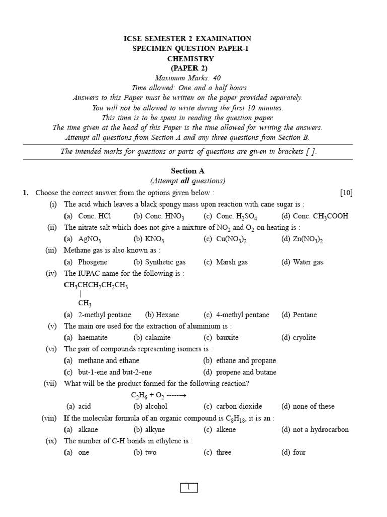 ICSE Chemistry Specimen Question Papers | PDF | Nitric Acid | Acid