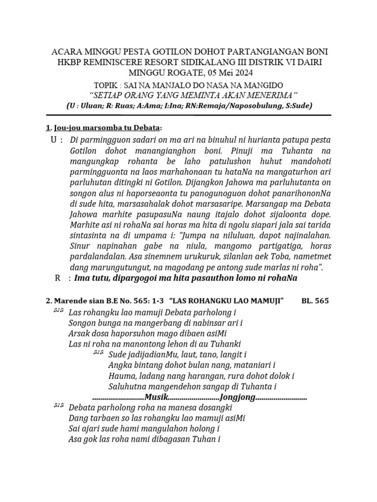 Acara Minggu Pesta Gotilon Dohot Partangiangan Boni | PDF