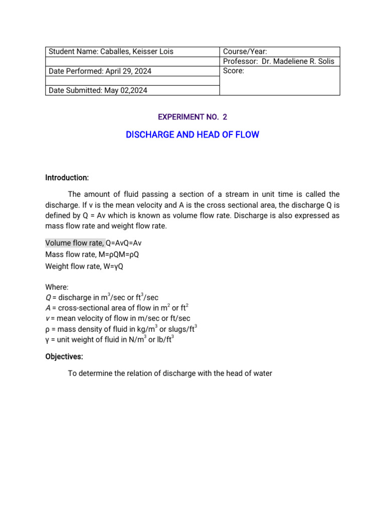 Lab 21 Discharge and Head of Flow | PDF | Discharge (Hydrology ...
