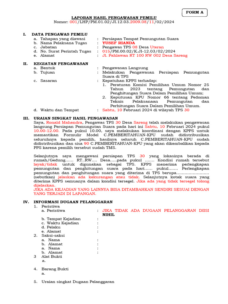 Template Form A Persiapan TPS | PDF