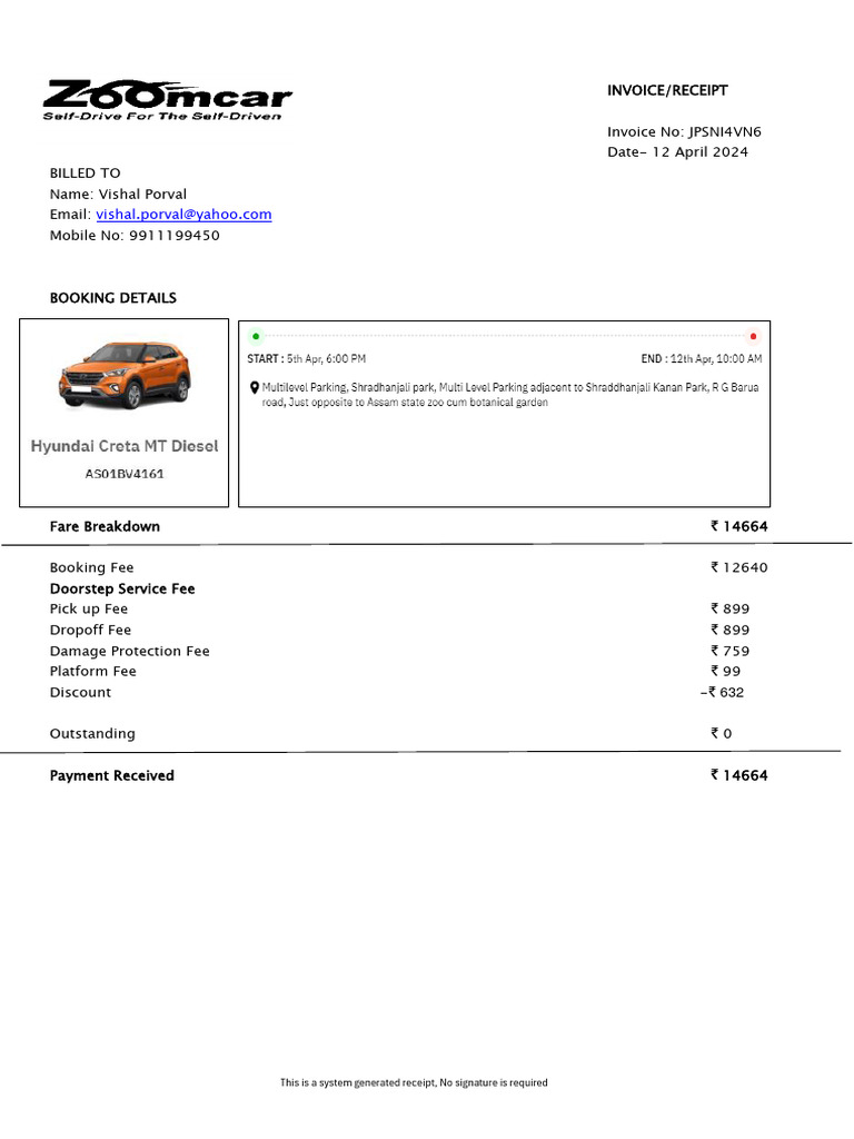 Zoomcar Invoice Receipt for Vishal Porval | PDF