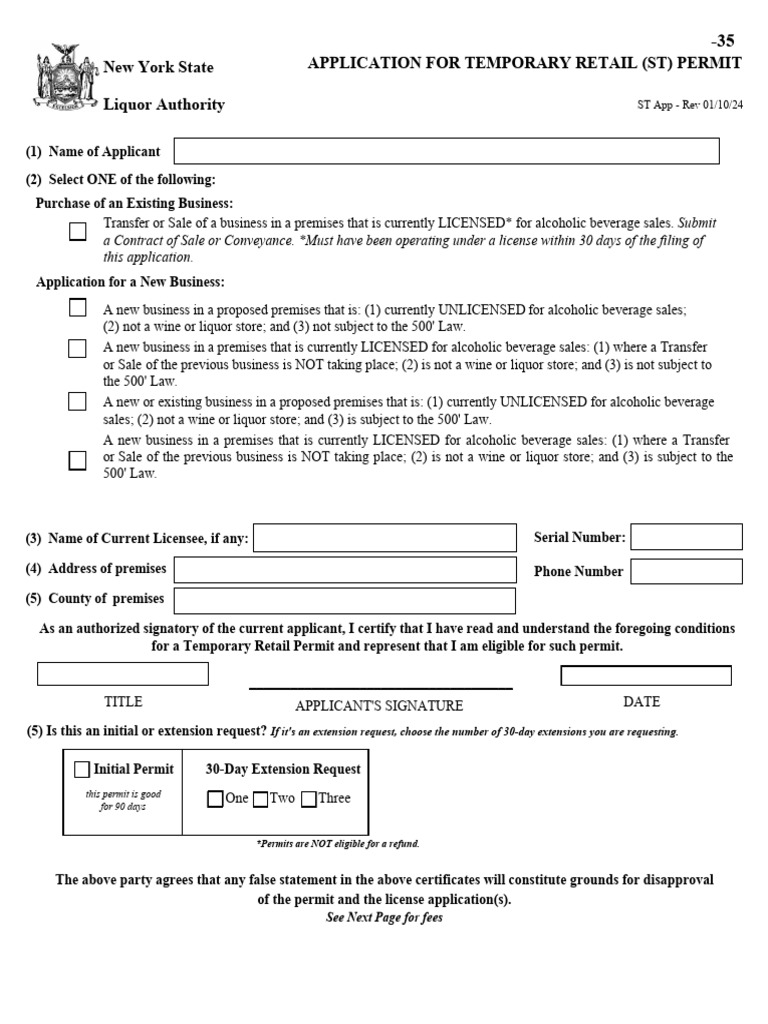 New York Temporary Retail Permit Application | PDF | License