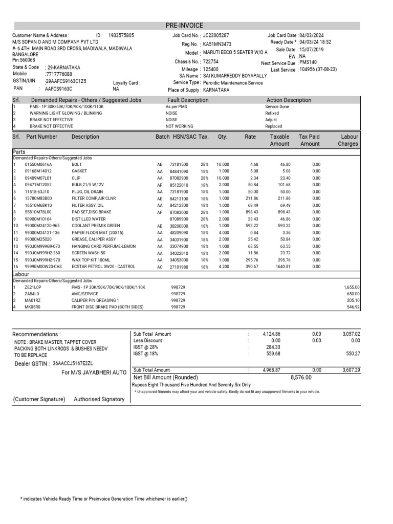 Car Service Invoice | PDF | Car Body Styles | Automotive Industry