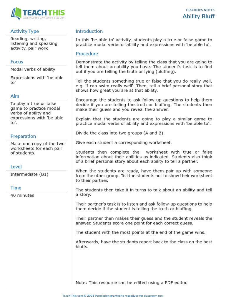 Ability Bluff | PDF | Deception | Verb