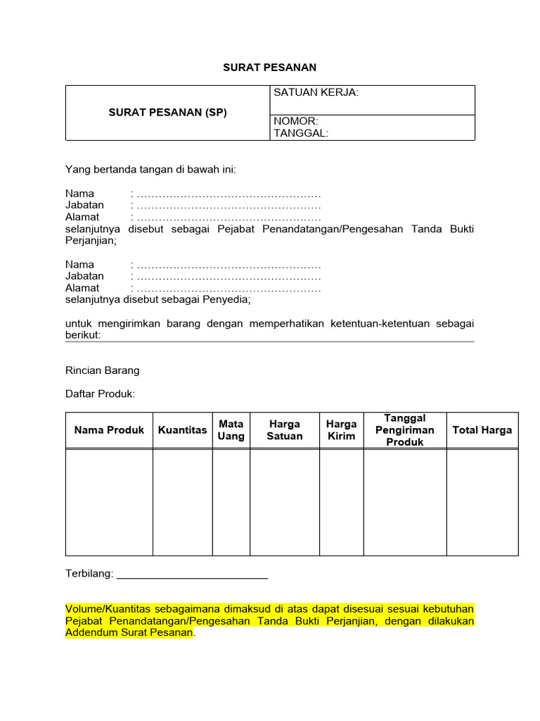Contoh Format Surat Pesanan (Dengan Tambahan Surat Perjanjian) | PDF