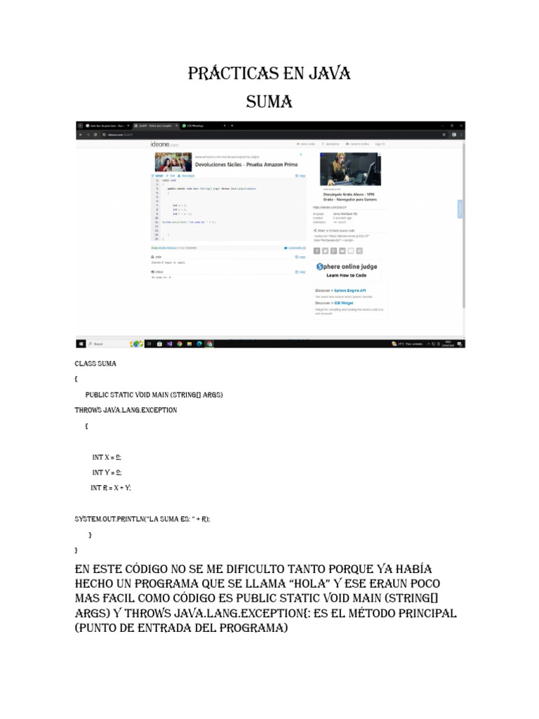 Prácticas Java: Suma, Resta y Más | PDF | Java (lenguaje de programación) | Tipo de datos