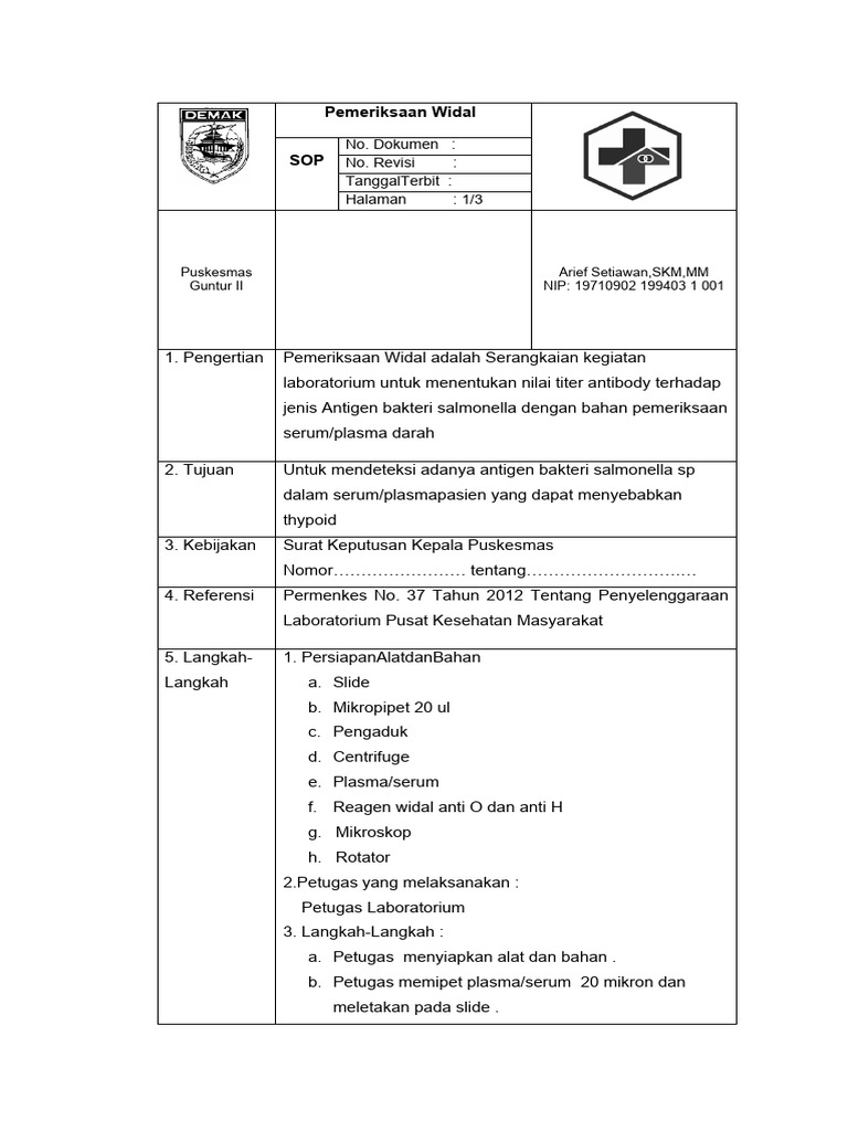 Prosedur Pemeriksaan Widal Laboratorium | PDF