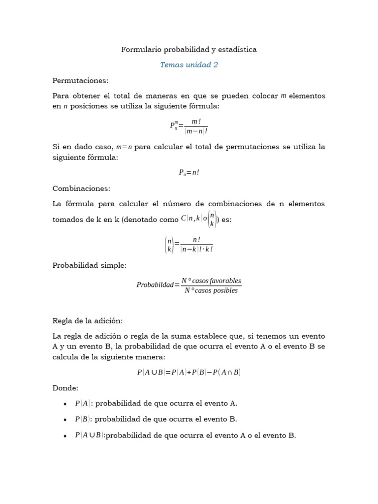 Formulario probabilidad y estadística | PDF | Distribución de probabilidad | Probabilidad