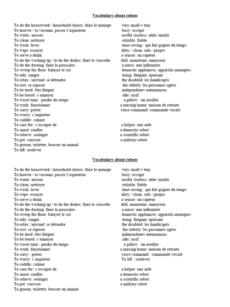 Vocabulary Robots 2ndes | PDF | Robotics | Machines