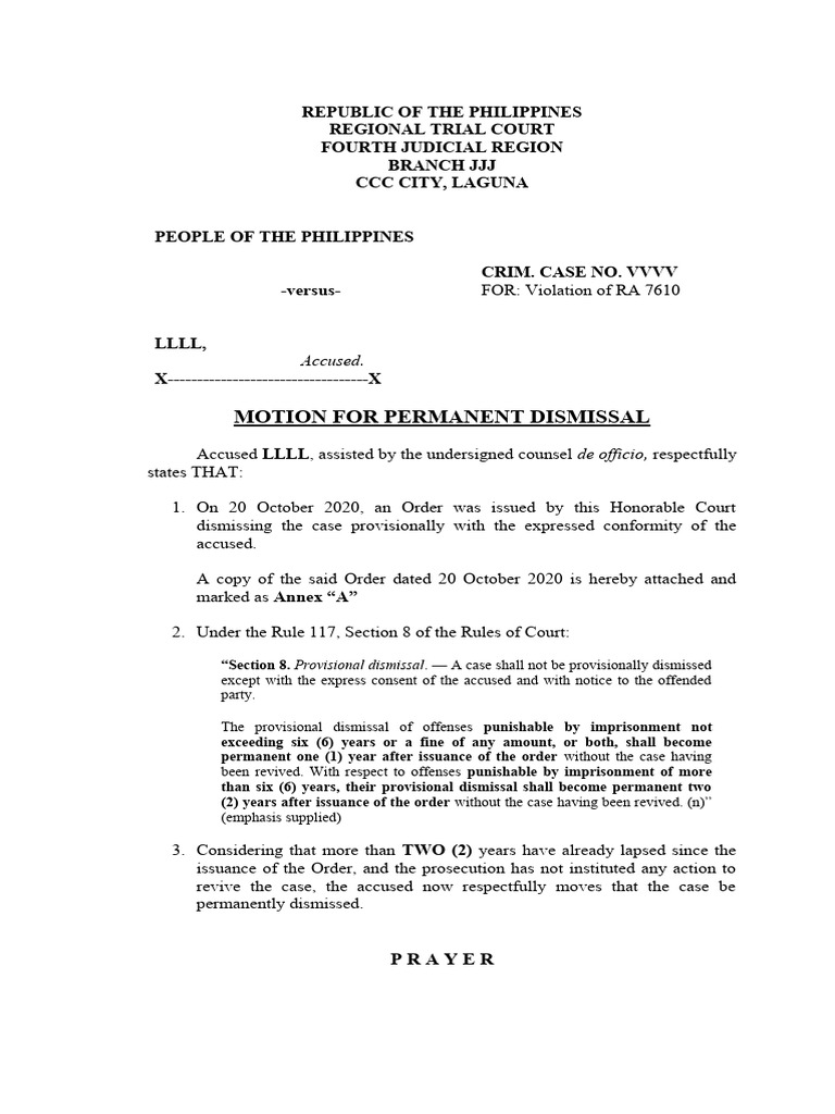 Motion For Permanent Dismissal - Sample | PDF | Government Institutions ...