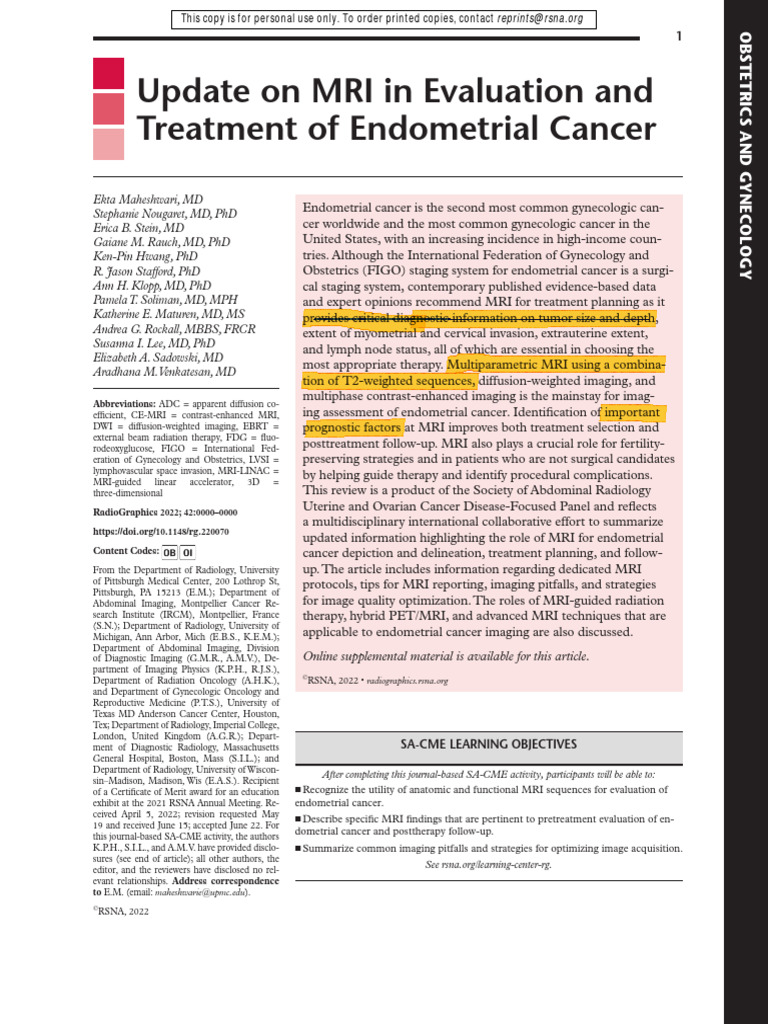 Update On MRI in Evaluation and Treatment of Endometrial Cancer | PDF ...