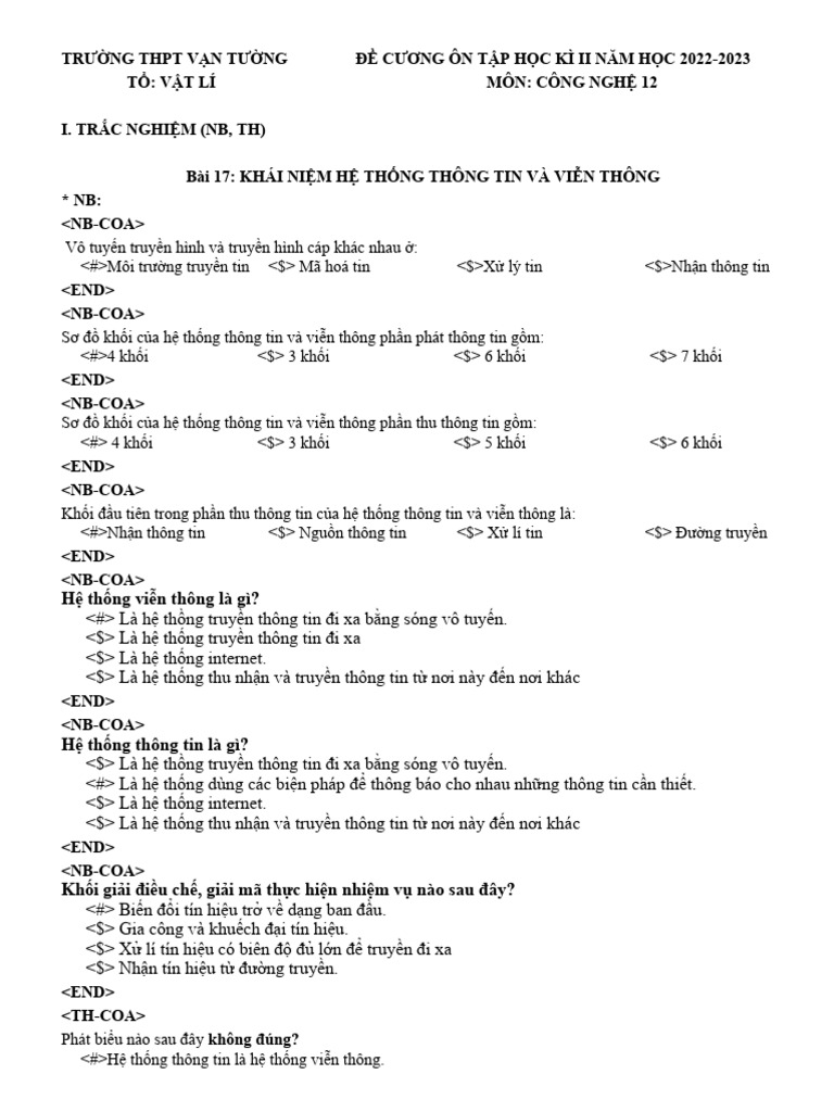 De Cuong On Tap Ki 2-Cong Nghe 12-2022-2023 | PDF