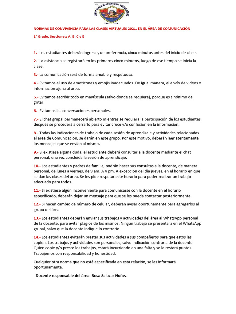Normas Clases Virtuales Comunicación 2021 | PDF | Crecimiento personal ...