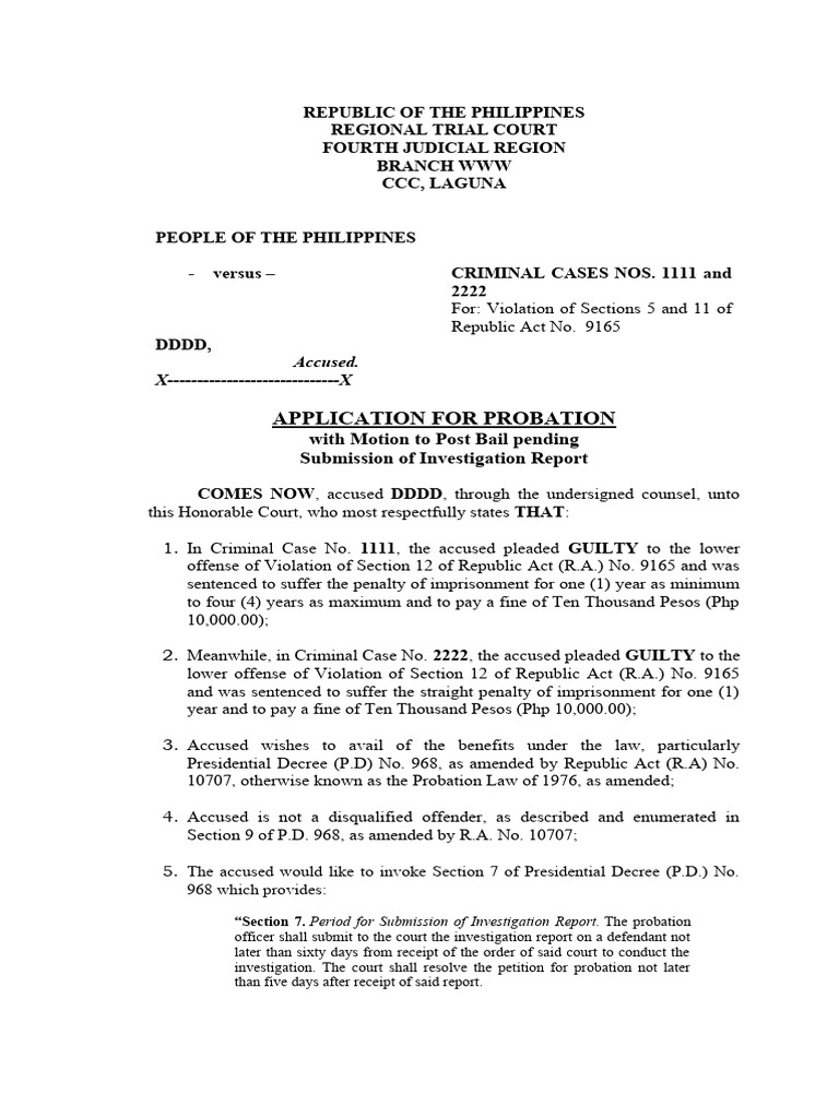 Application For Probation Sample | PDF | Bail | Probation