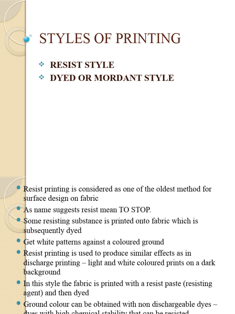 Resist Styles of Printing Edited | PDF | Dyeing | Dye
