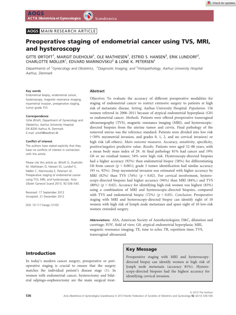 Acta Obstet Gynecol Scand - 2013 - Ørtoft - Preoperative Staging of ...